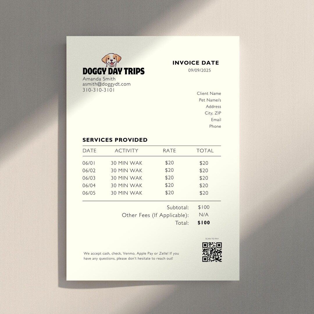 Dog Walking Invoice Design | Pet Sitting Business | Doggy Daycare ...