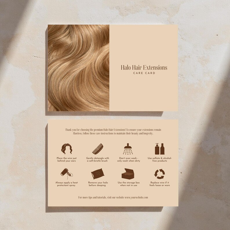 Halo Hair Extensions Care Card | Neutral Editable Client Card for Hair ...