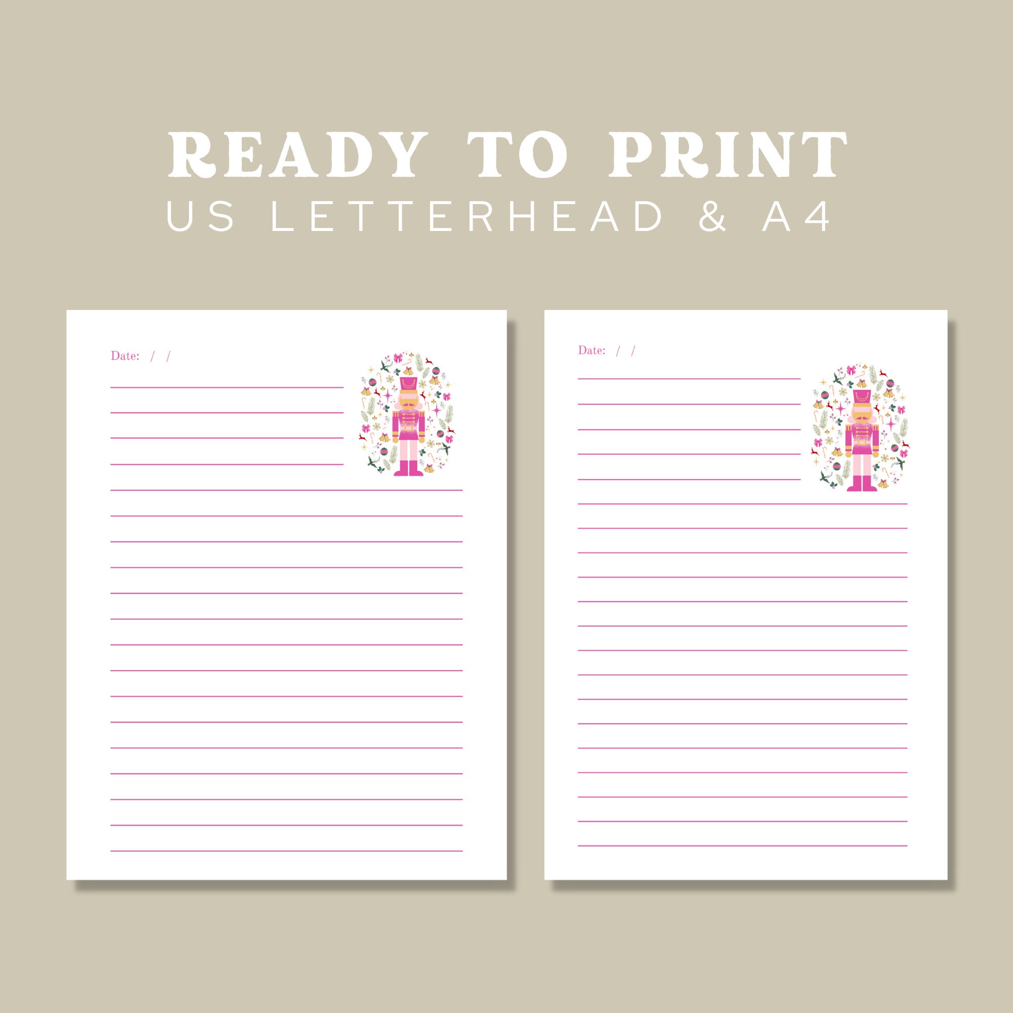 Printable Christmas Stationery Digital Lined Paper Pink Nutcracker ...