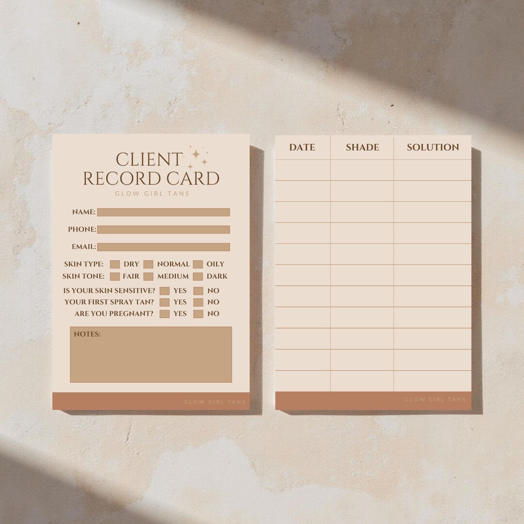 Spray Tanning Client Record Card 5x7 | Spray Tan Artist | Editable ...