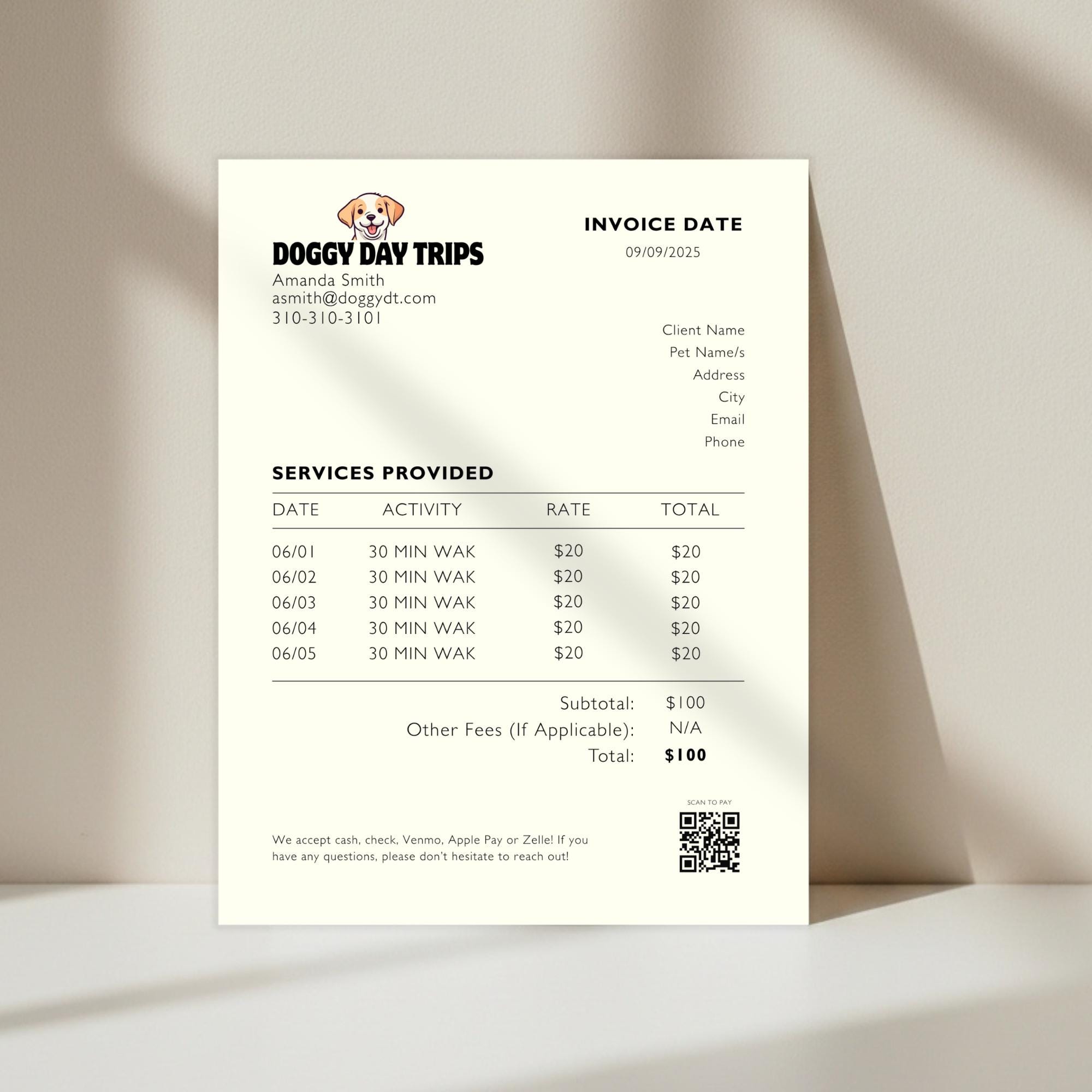 Dog Walking Invoice Template | Printable Pet Sitting Invoice | Petcare ...