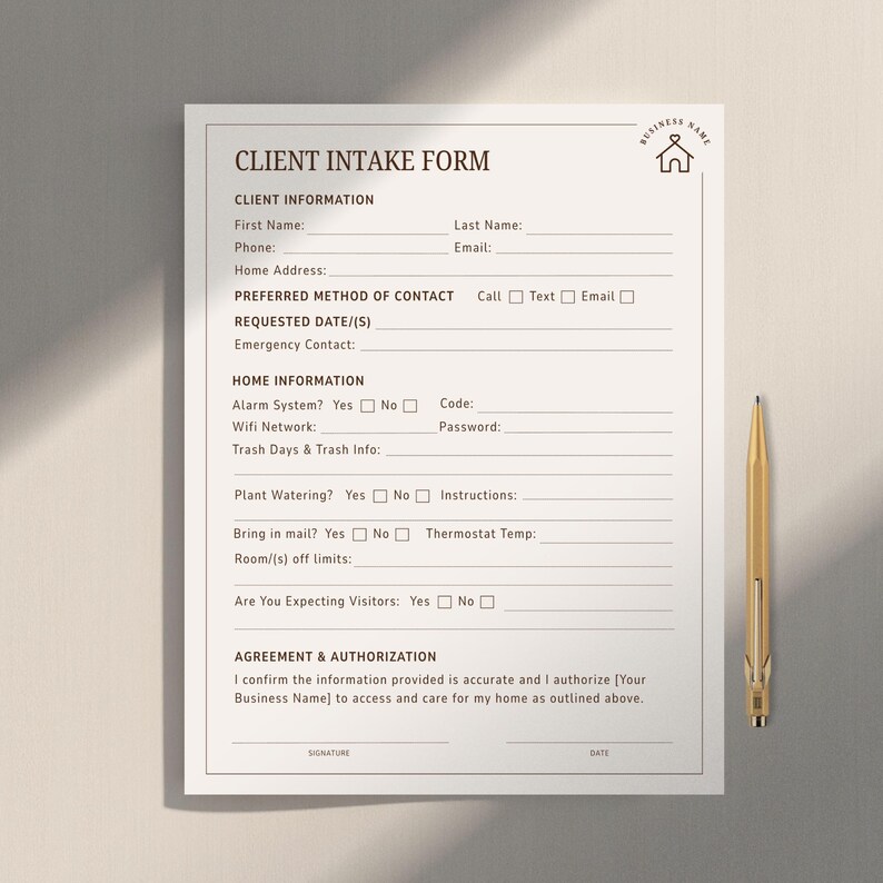 House Sitting Client Intake Form | House Sitting Business Forms ...
