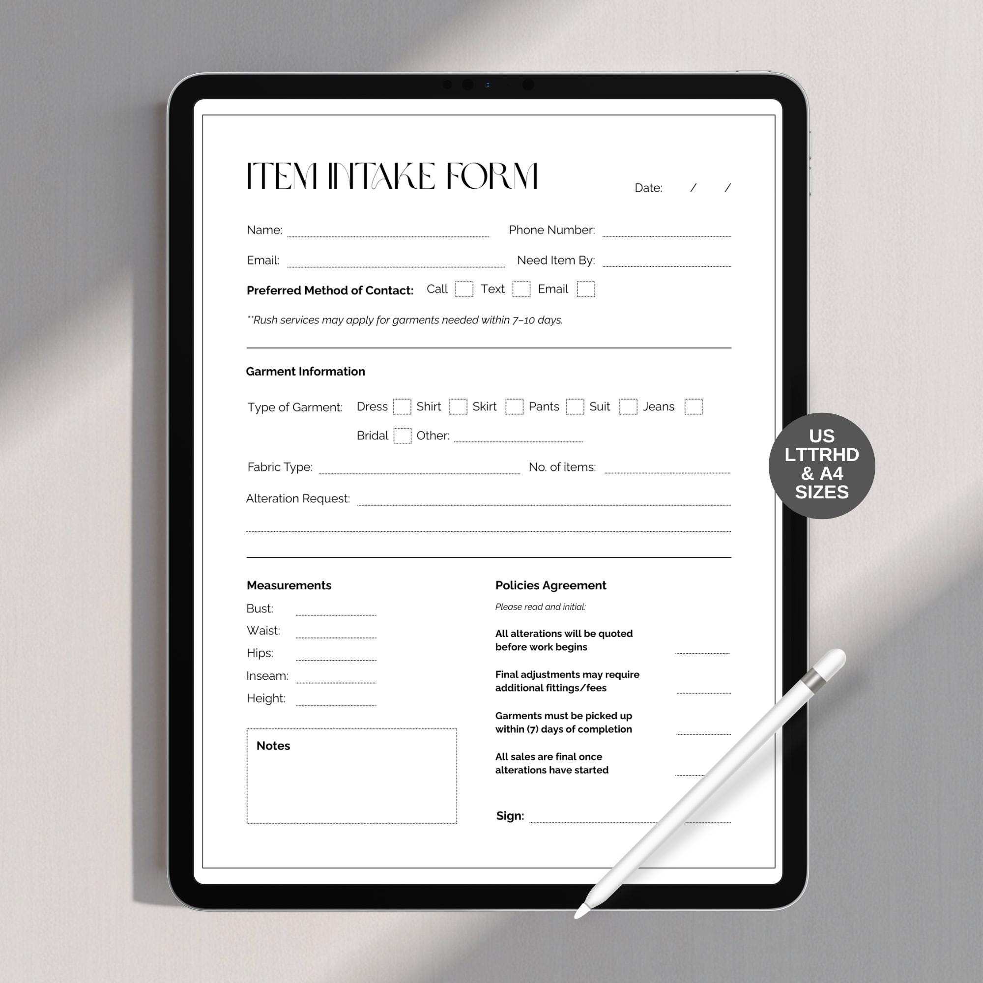 Seamstress Intake Form Template | Tailoring & Alterations Business ...