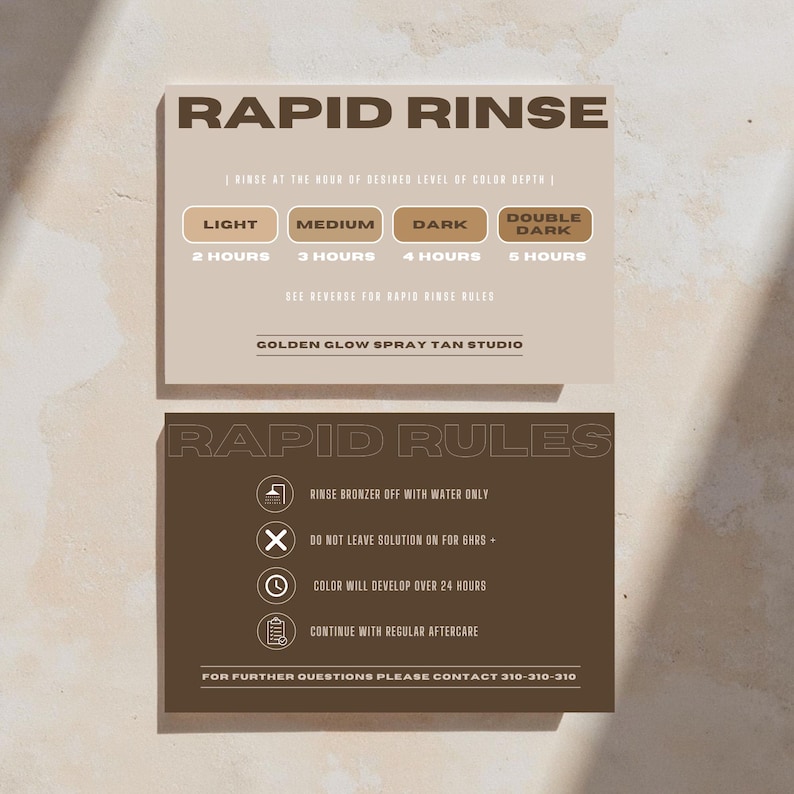 Rapid Rinse Spray Tan Aftercare Card | Express Spray Tan Card | Client ...
