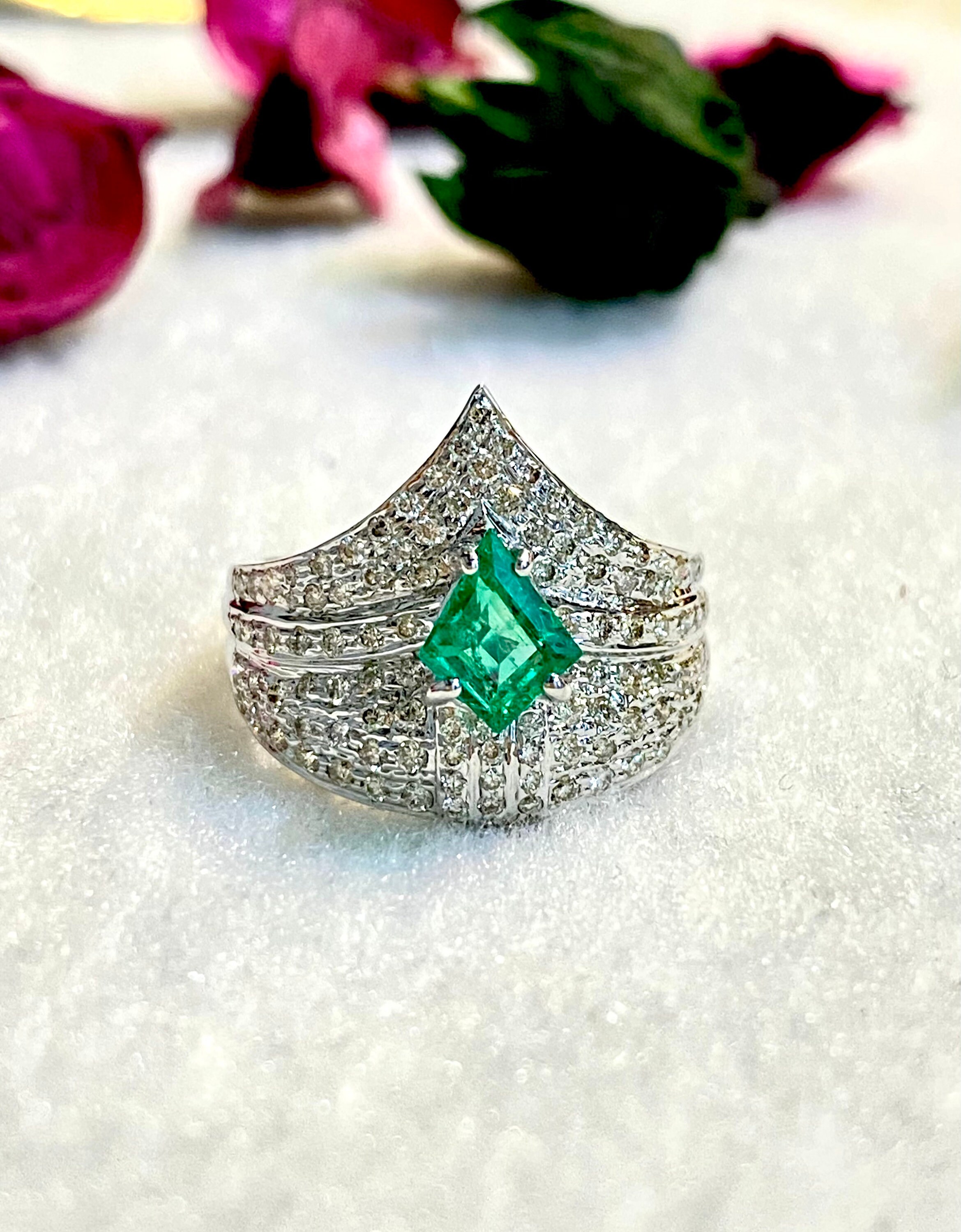 Genuine Natural Emerald and Diamonds Crown Ring in 18K White Gold - Etsy