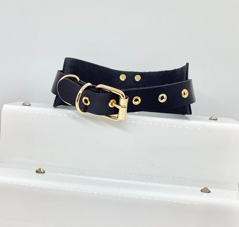 Black Bondage Collar Lockable Gold Padlock Pu Leather Gold Bdsm Neck ...