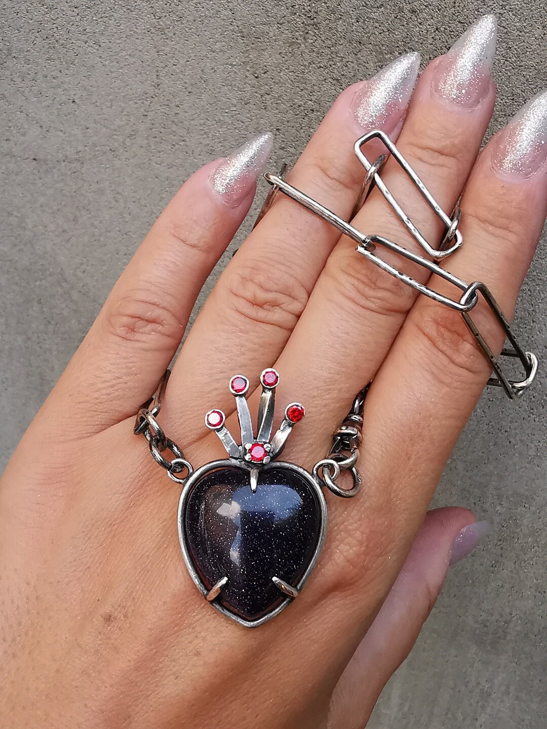 Flaming Heart Necklace , Sterling Silver Necklace , Chunky Hand Made ...