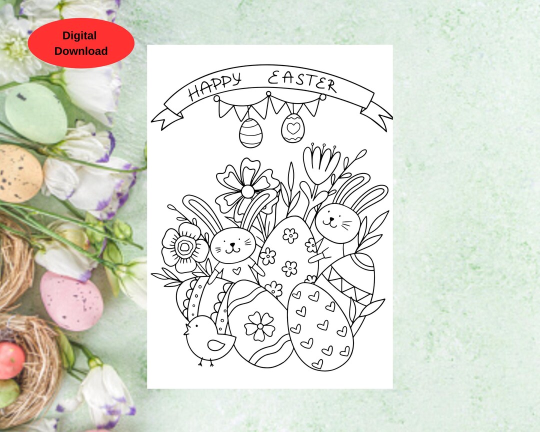 Easter Coloring Card, Printable Happy Easter Card to Color With Bunnies ...