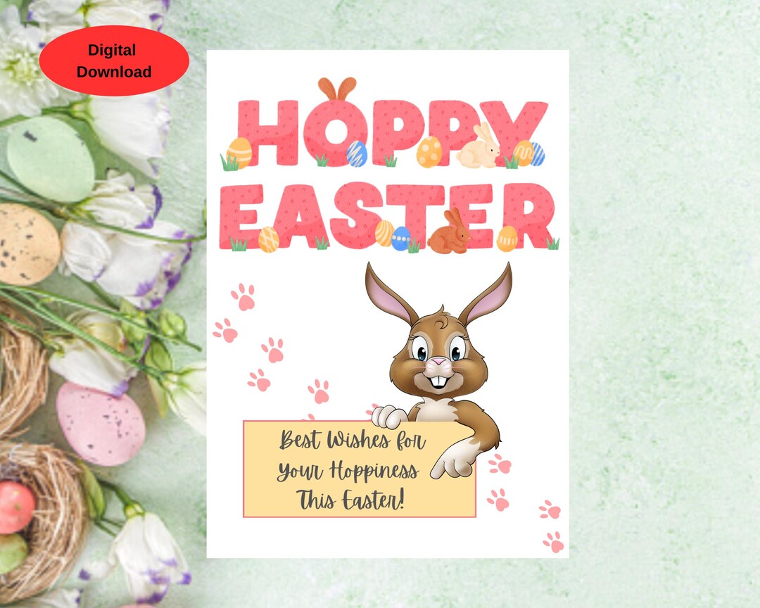 Funny Easter Card Printable, Hoppy Easter Greeting With Bunny Wishing Hoppiness, Downloadable ...