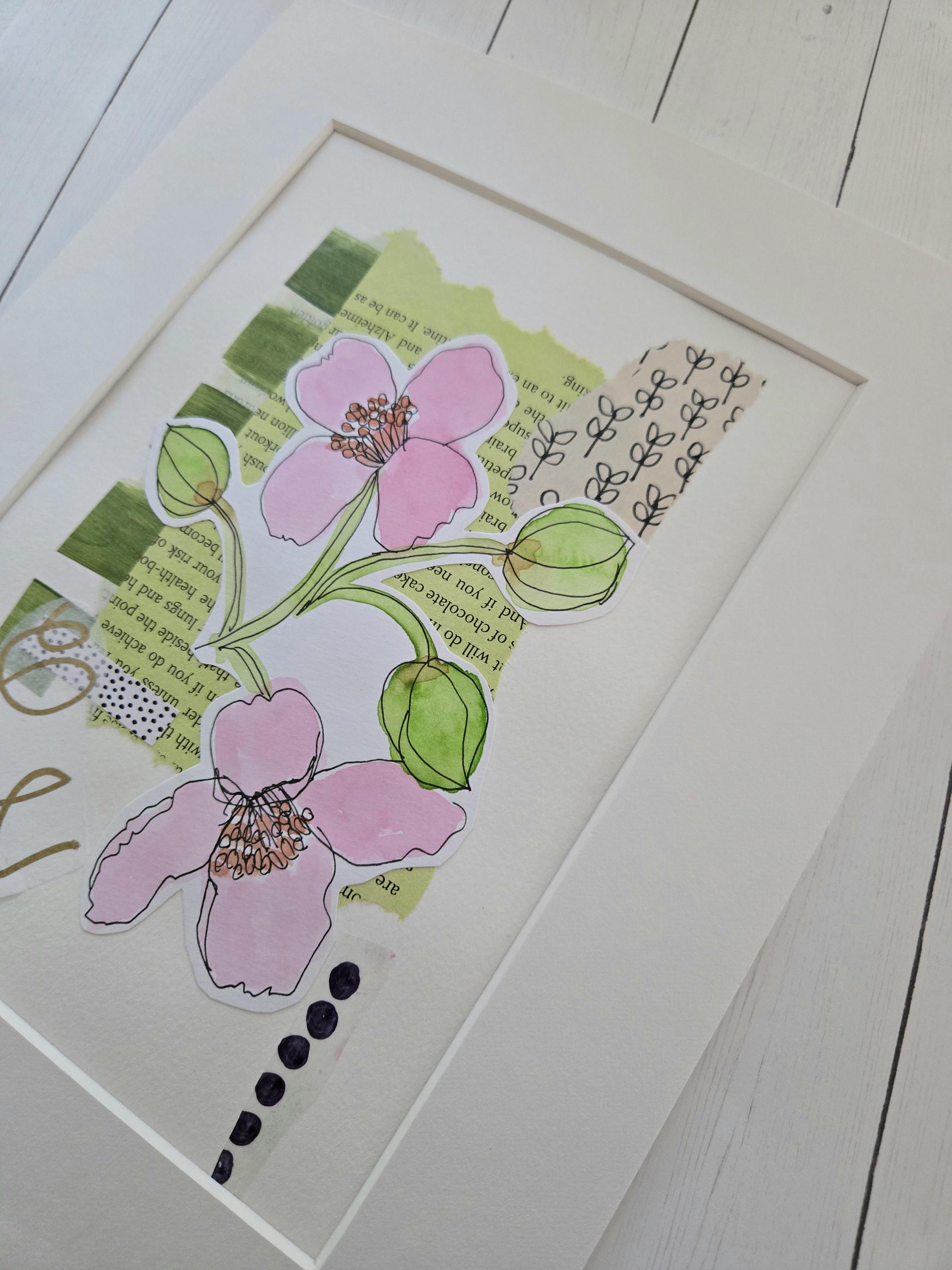 Paper Collage Art, Pink Flower Mixed Media Collage, Small Original ...