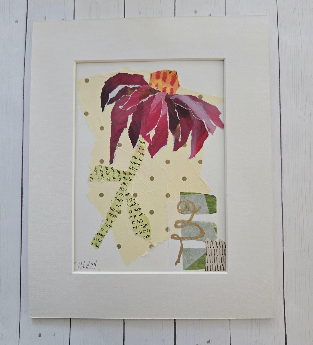 Floral Collage Art of Pink Coneflower, Mixed Media Collage Art, Small ...
