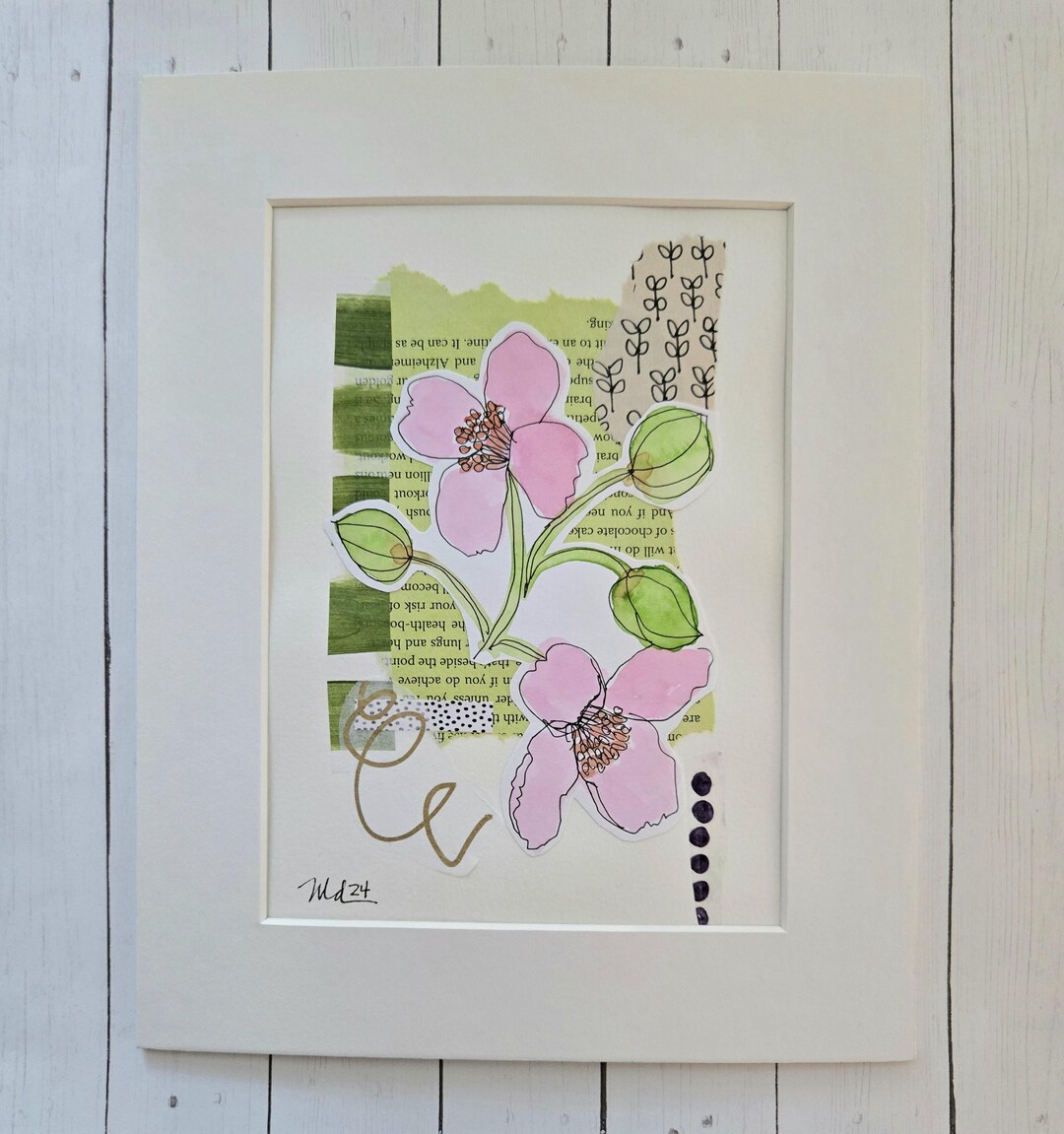 Paper Collage Art, Pink Flower Mixed Media Collage, Small Original ...