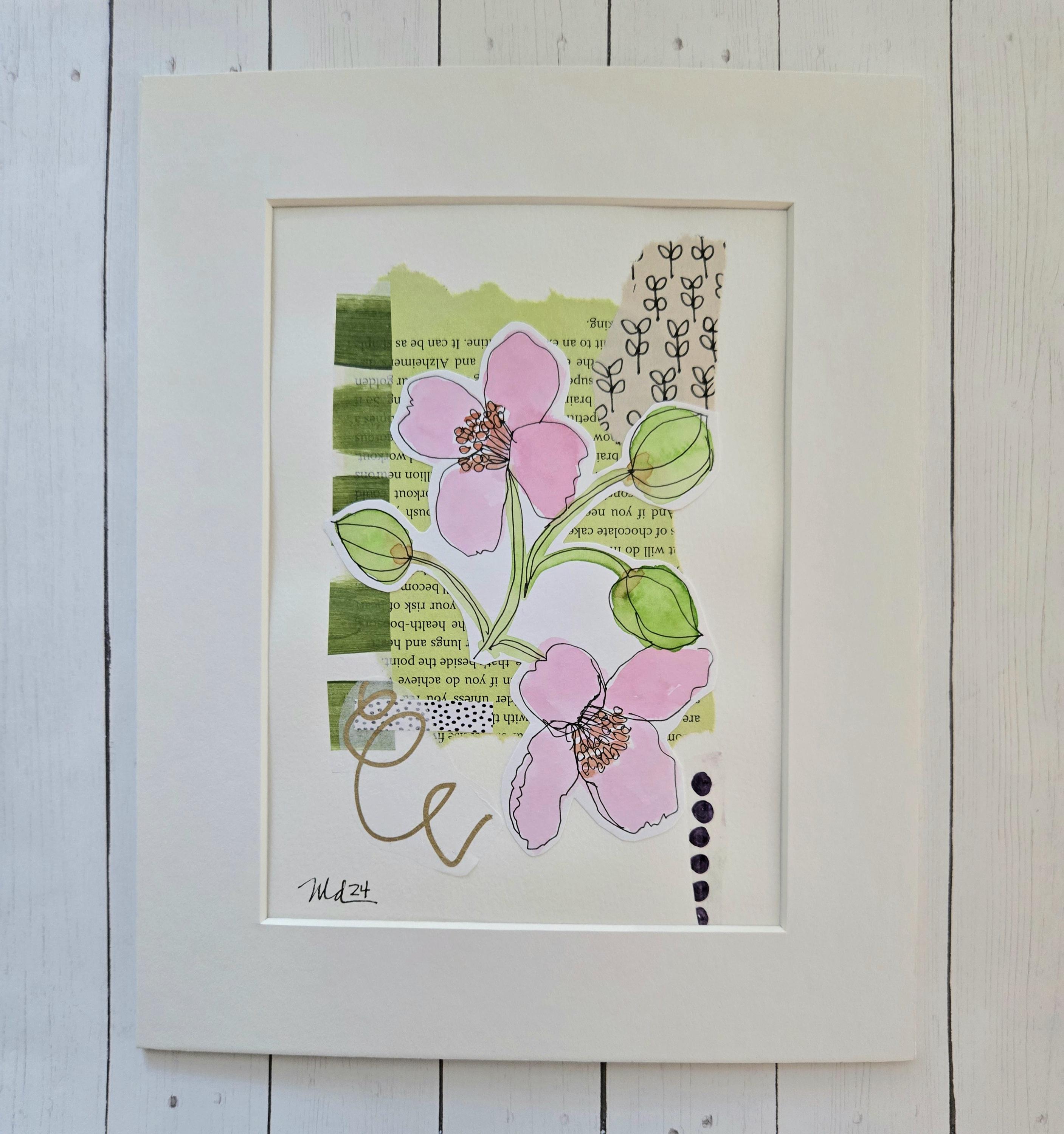 Paper Collage Art, Pink Flower Mixed Media Collage, Small Original ...