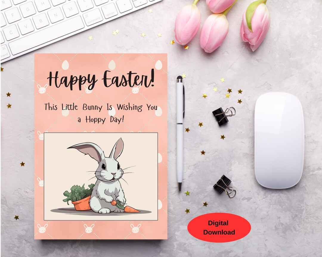 Easter Card Printable, Cute Bunny Card Wishing a Hoppy Day, Easter Greeting Card, Downloadable ...