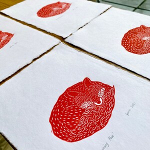 Sleepy Fox Lino Print - Etsy
