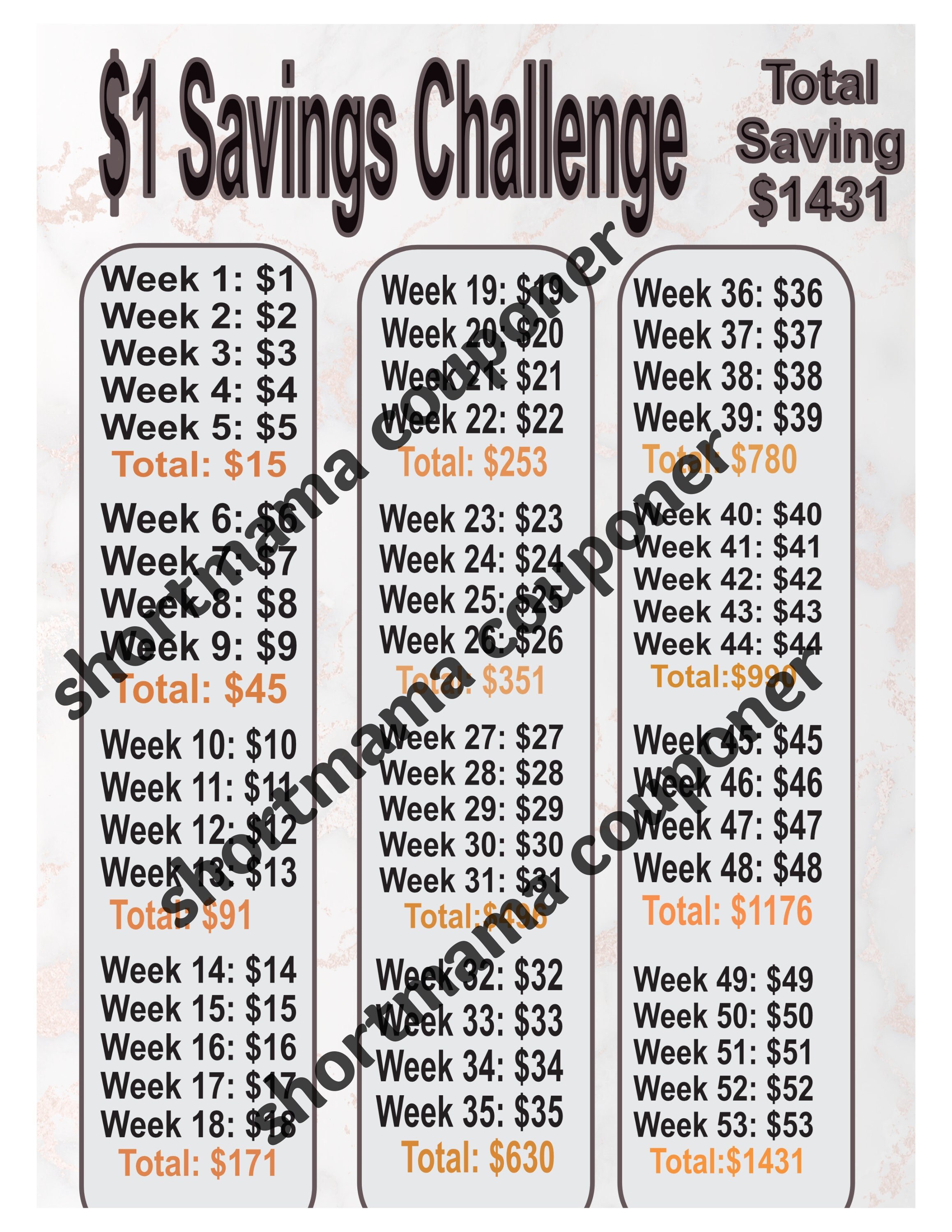 1 Dollar Savings Challenge - Etsy