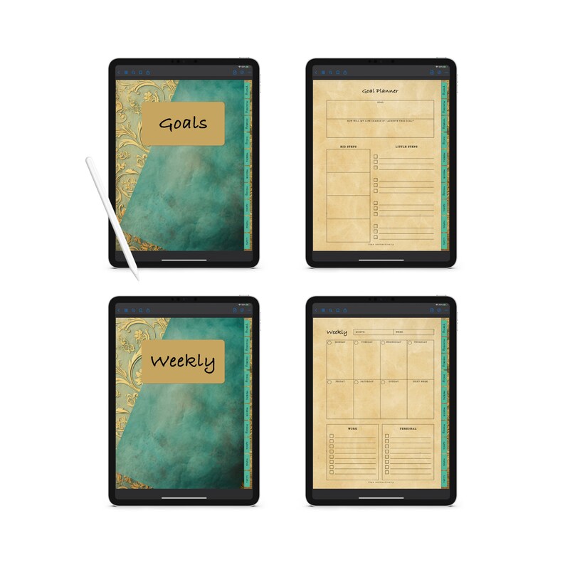 Undated Digital Planner, Life Planner, Teal Gold Planner, Vintage ...