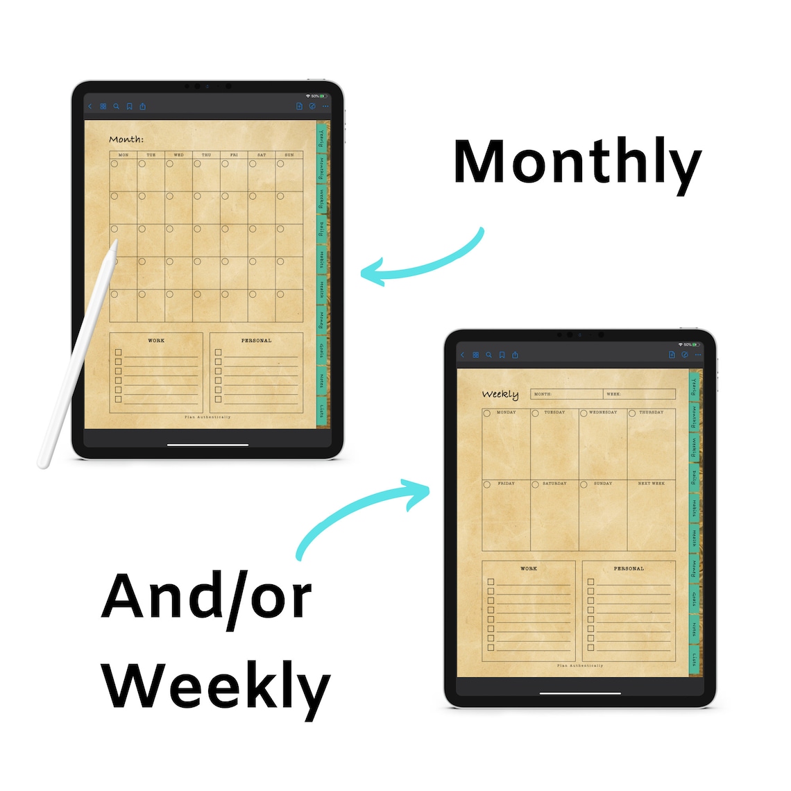 Undated Digital Planner, Life Planner, Teal Gold Planner, Vintage ...