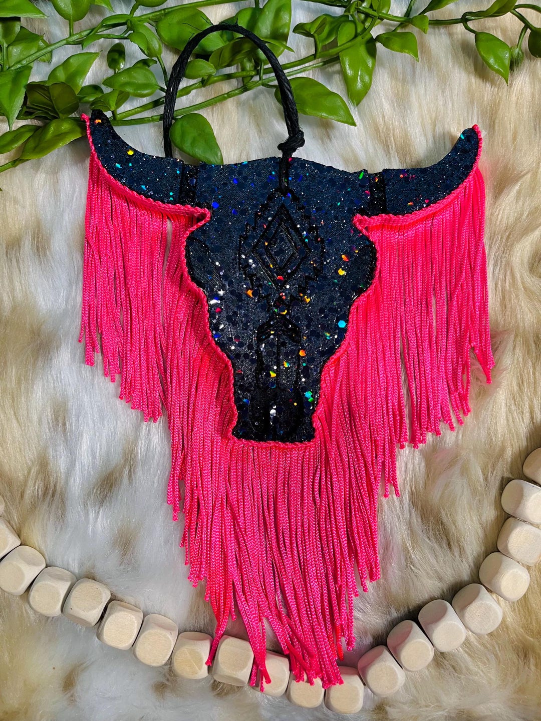 Longhorn Car Freshie: Aztec Bull Skull With Hot Pink Fringe - Etsy