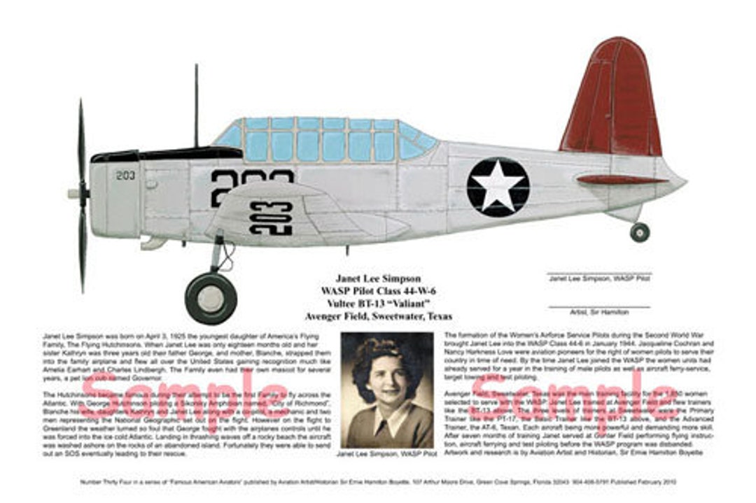 WASP Pilot, Janet Simpson BT-13 Pilot, Autographed Artwork by E ...