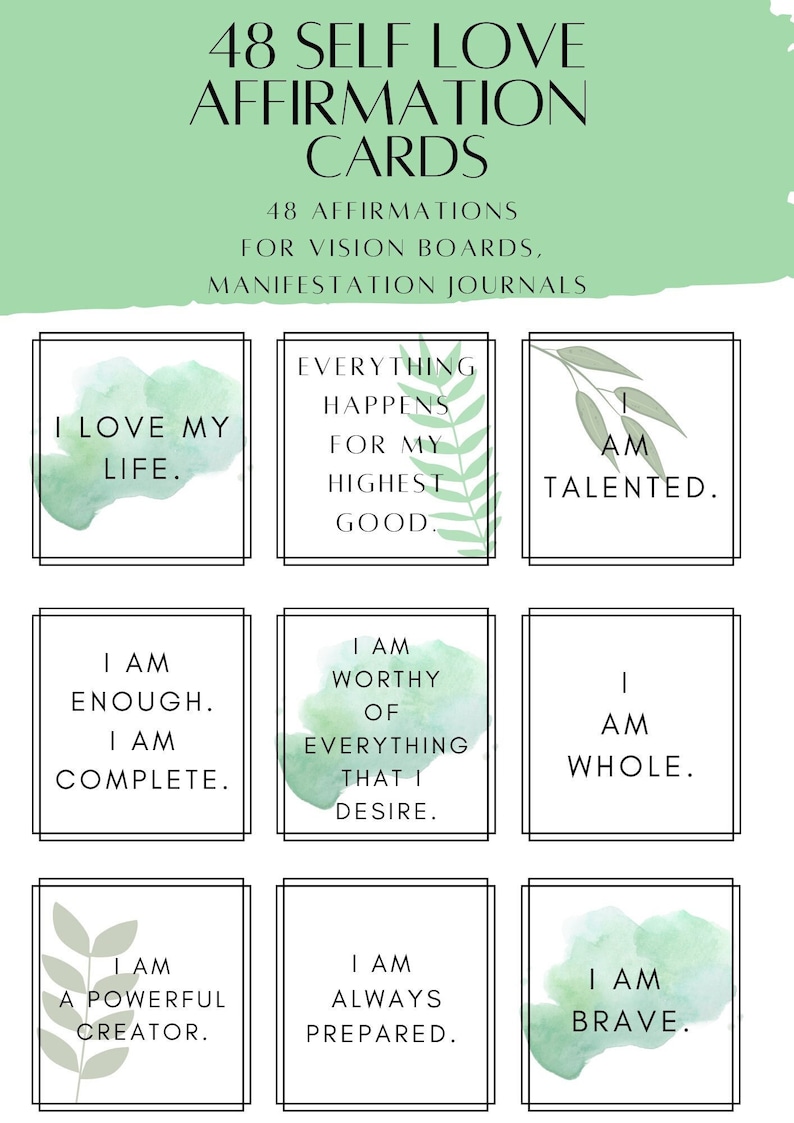48 Self Love Affirmation Cards Printable Green Affirmation | Etsy