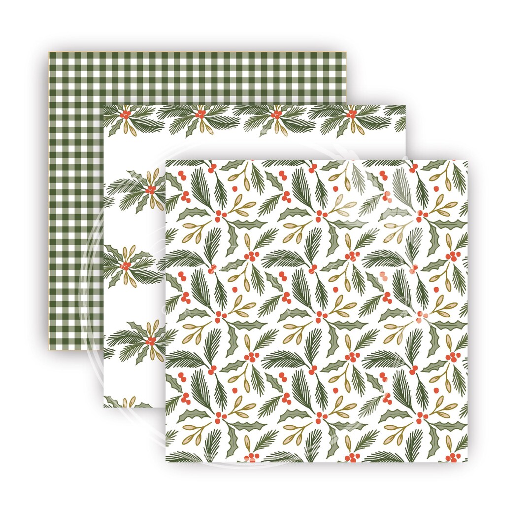 3 Holiday Greens, Holly, Pine and Gingham Seamless Patterns PNG Digital ...