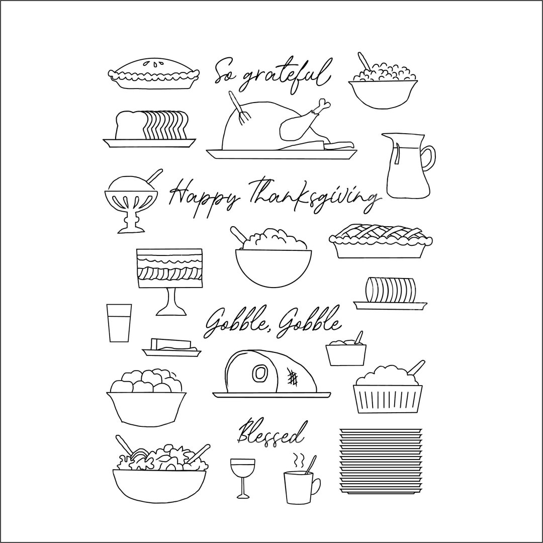 Thanksgiving Feast Line Drawing Illustration and Texts SVG Digital File ...