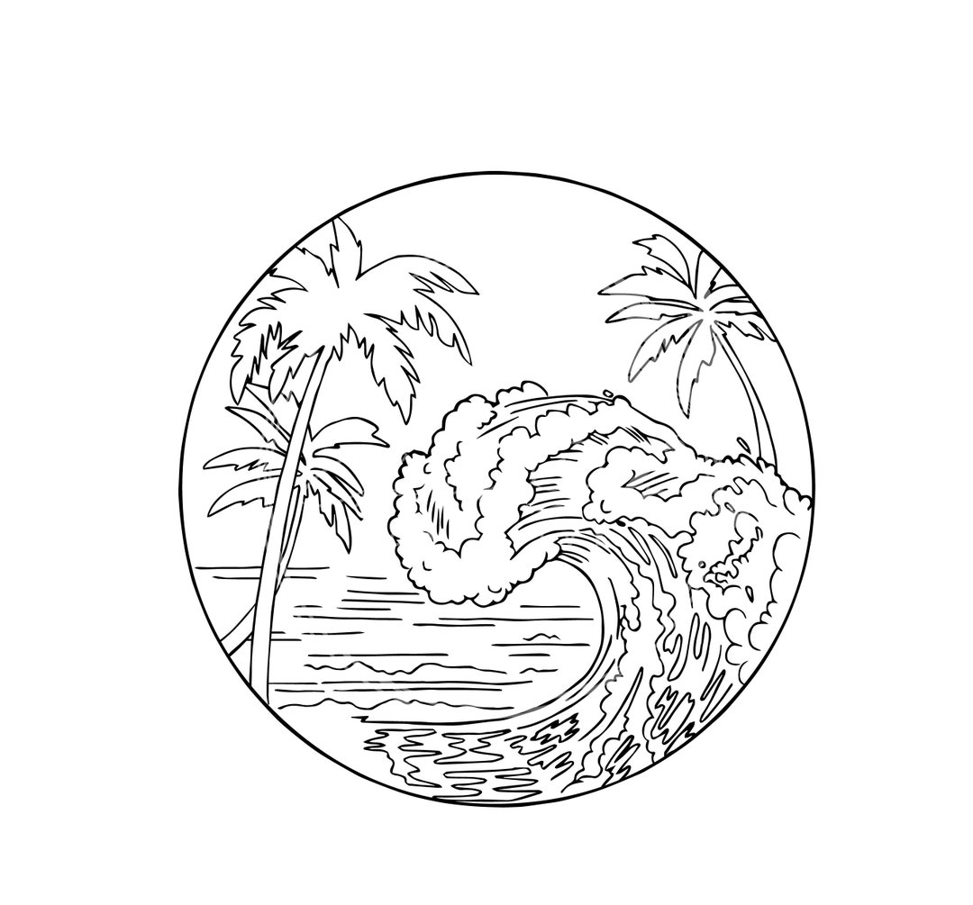 Ocean Wave and Palm Trees in Circle Line Drawing/illustration SVG ...