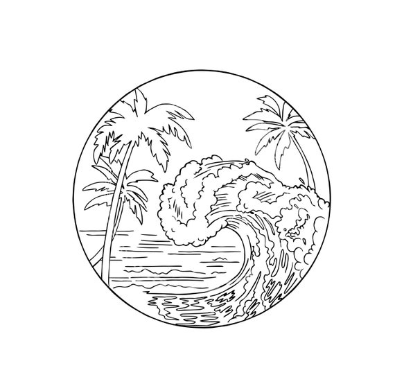 Ocean Wave and Palm Trees in Circle Line Drawing/illustration - Etsy