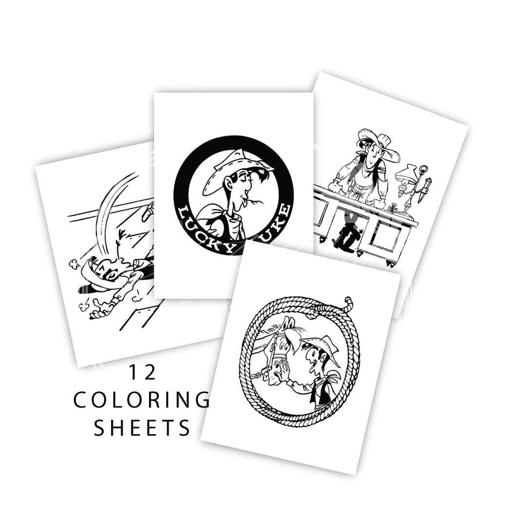 12 LUCKY LUKE Cowboy Coloring Sheets B&W Line Drawing PNG Download - Etsy
