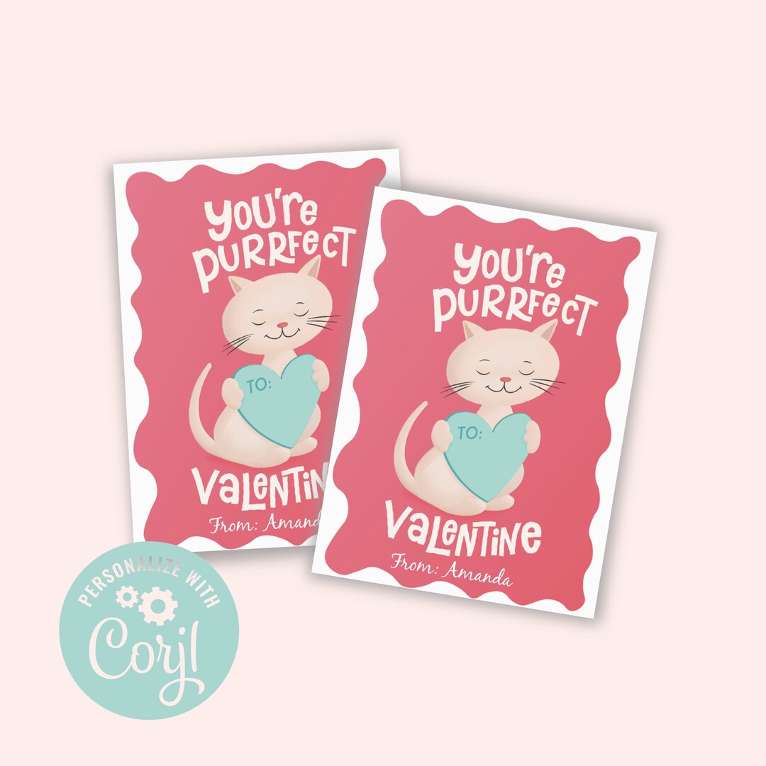 Cute Cat Purr-fect Kids Valentine Cards Download - Etsy