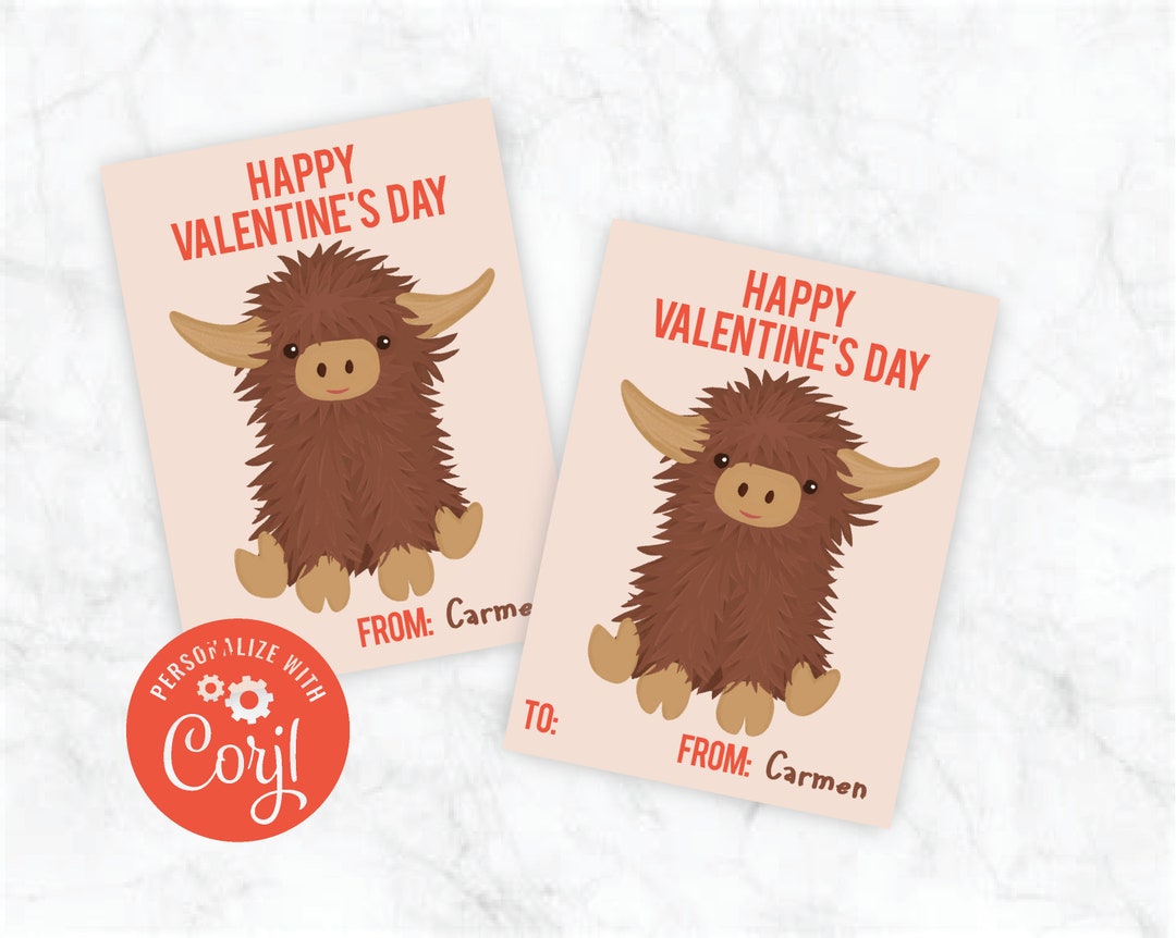 Cute, Shaggy Cow Kids Classroom Valentine Cards Download - Etsy