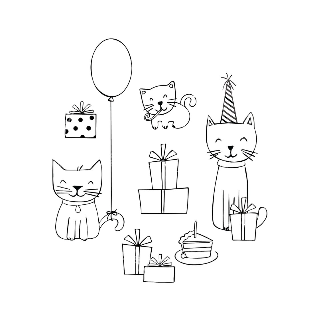 Cute Birthday Party Cats With Balloon, Cake, Presents SVG PNG Digital ...