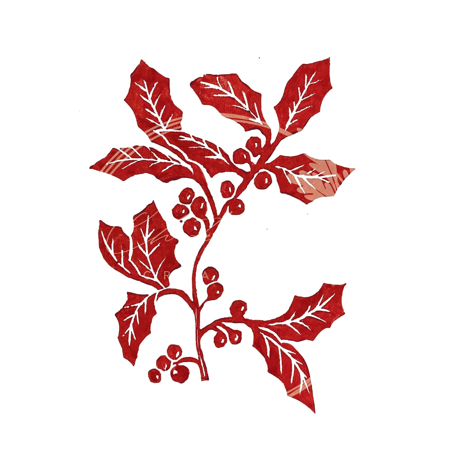 Hand-created Holly Sprig Linocut Artwork Image for Christmas/holidays ...