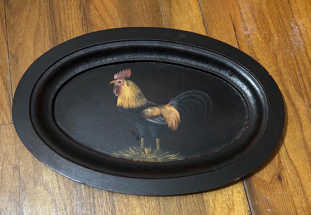 Folk Art Hand Painted Rooster Wall Hanging ~ Black Lacquerware Folk Art ...