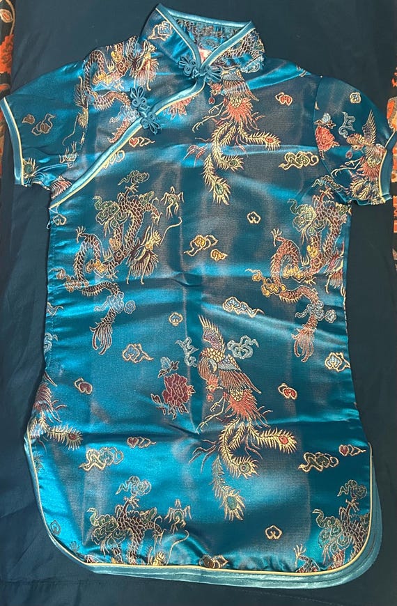 Blue Floral Satin Chinese Dress with Short Sleeves - Gem