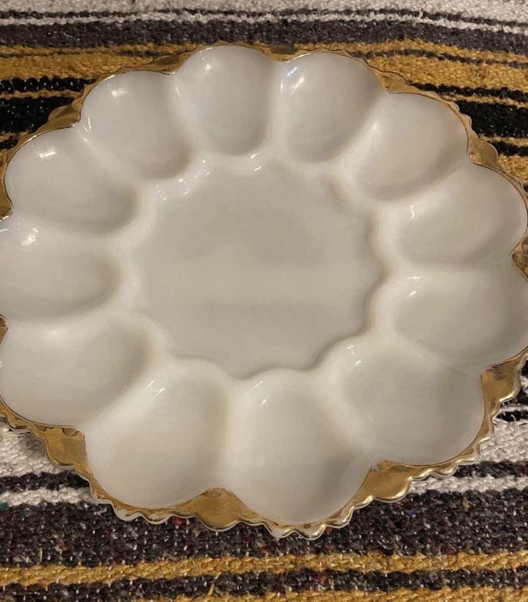 Anchor Hocking Milk Glass Gold Trim Deviled Egg Plate Vintage Platter - Etsy