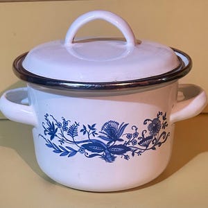 Blue and White Enamel Pot Witj Lid - Etsy