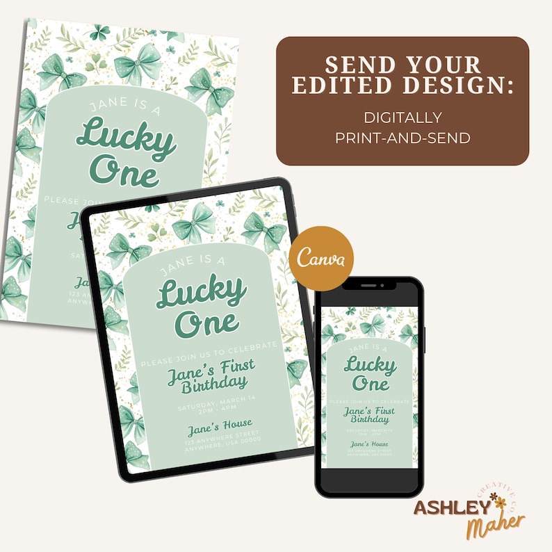 Lucky One Birthday Invitation Template | Green Clover First Party Canva ...