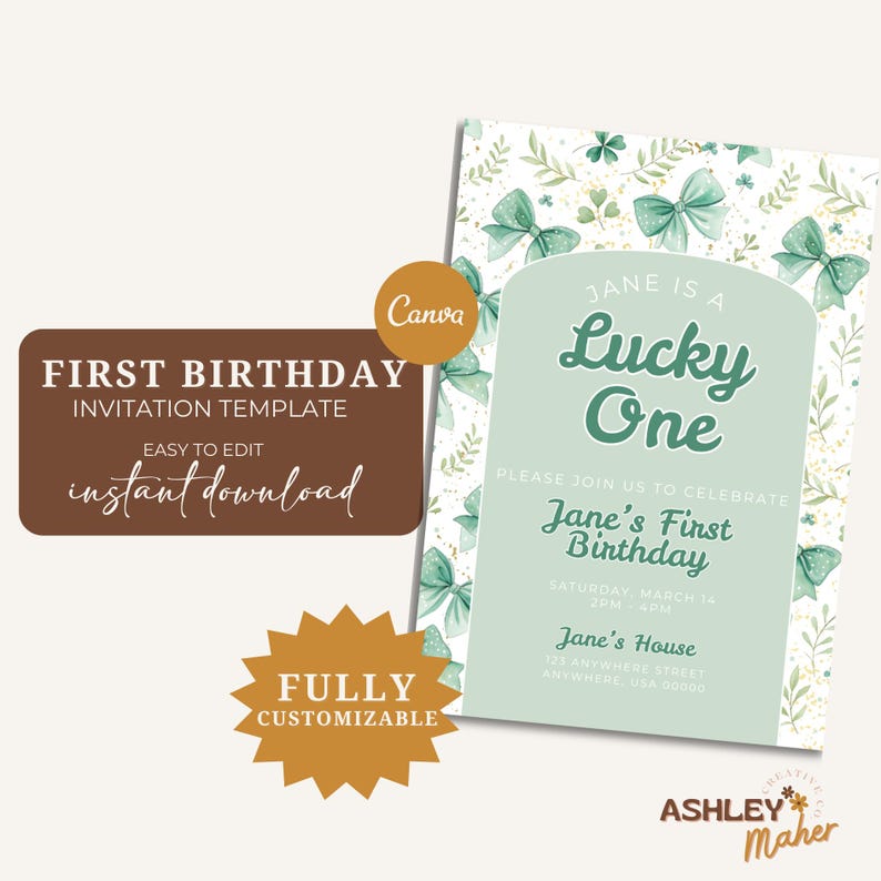 Lucky One Birthday Invitation Template | Green Clover First Party Canva ...