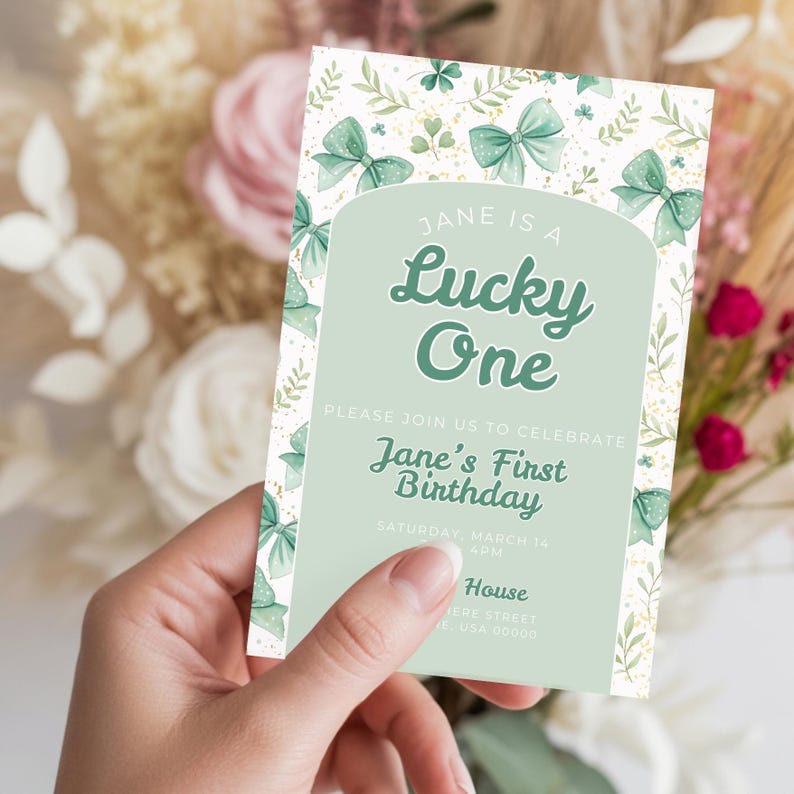 Lucky One Birthday Invitation Template | Green Clover First Party Canva ...