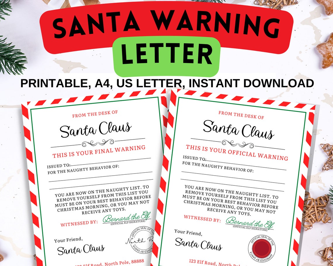 Printable Santa Warning Letter From Santa, Naughty Warning Letter ...