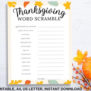 Printable Thanksgiving Word Scramble Game and Answer Key, Fun ...