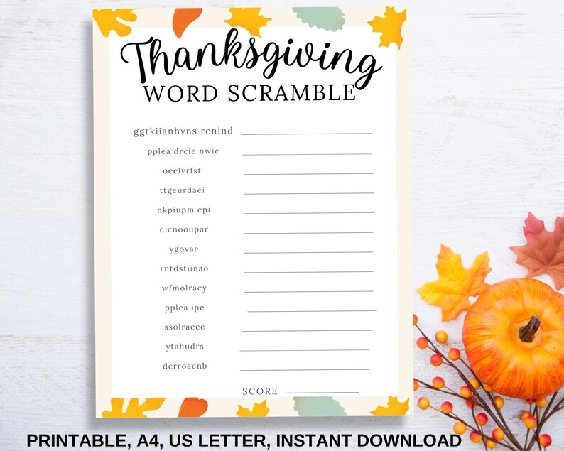 Printable Thanksgiving Word Scramble Game and Answer Key, Fun ...