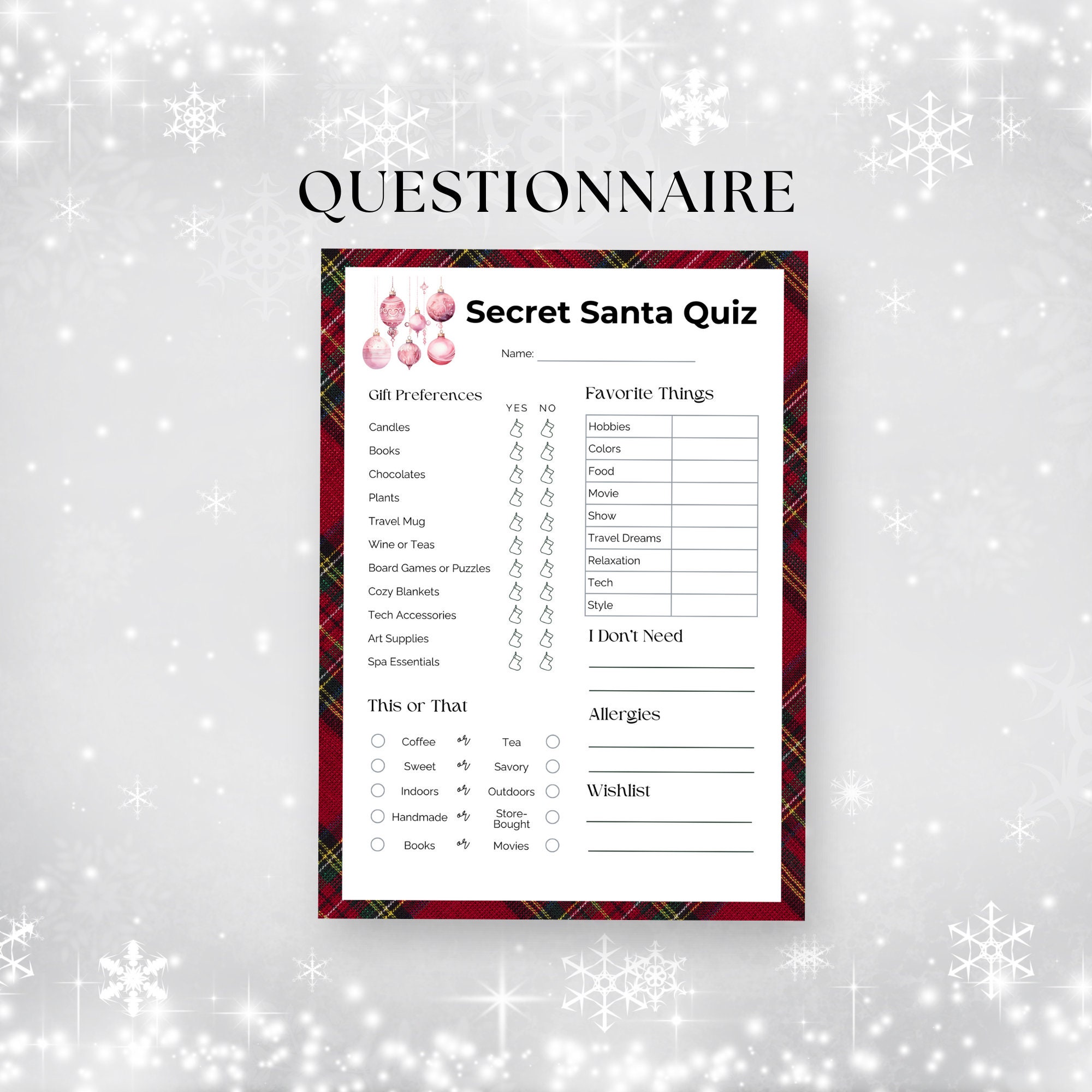 Secret Santa Questionnaire, Family Gift Exchange, Office Secret Santa ...