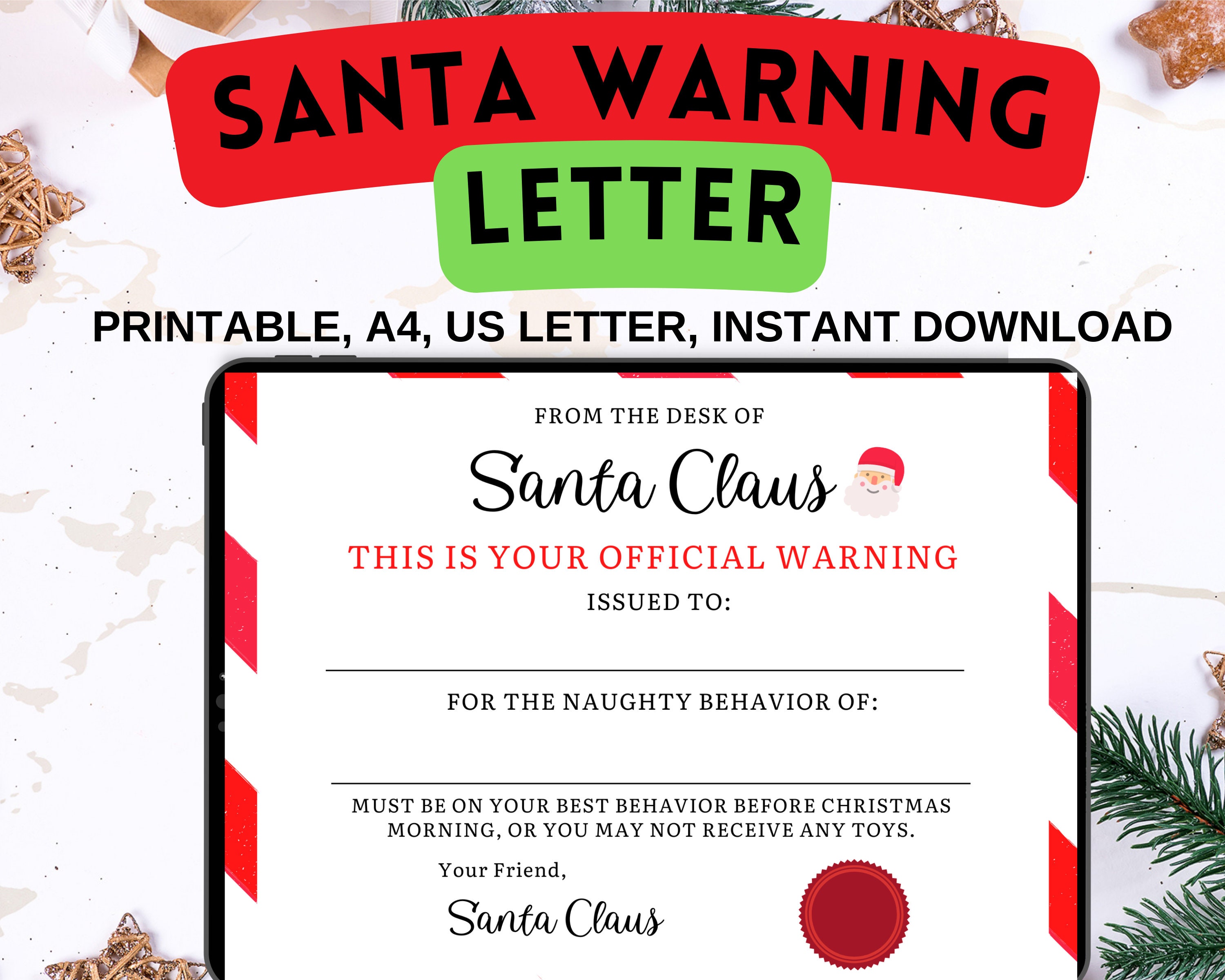 Santa Warning Letter for Kids, Naughty Warning Letter, Official Santa ...
