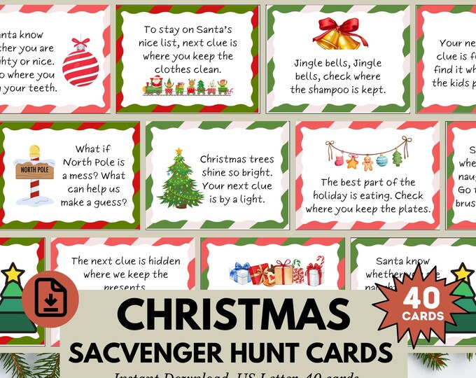 Christmas Scavenger Hunt Cards, Christmas Treasure Hunt Clues ...