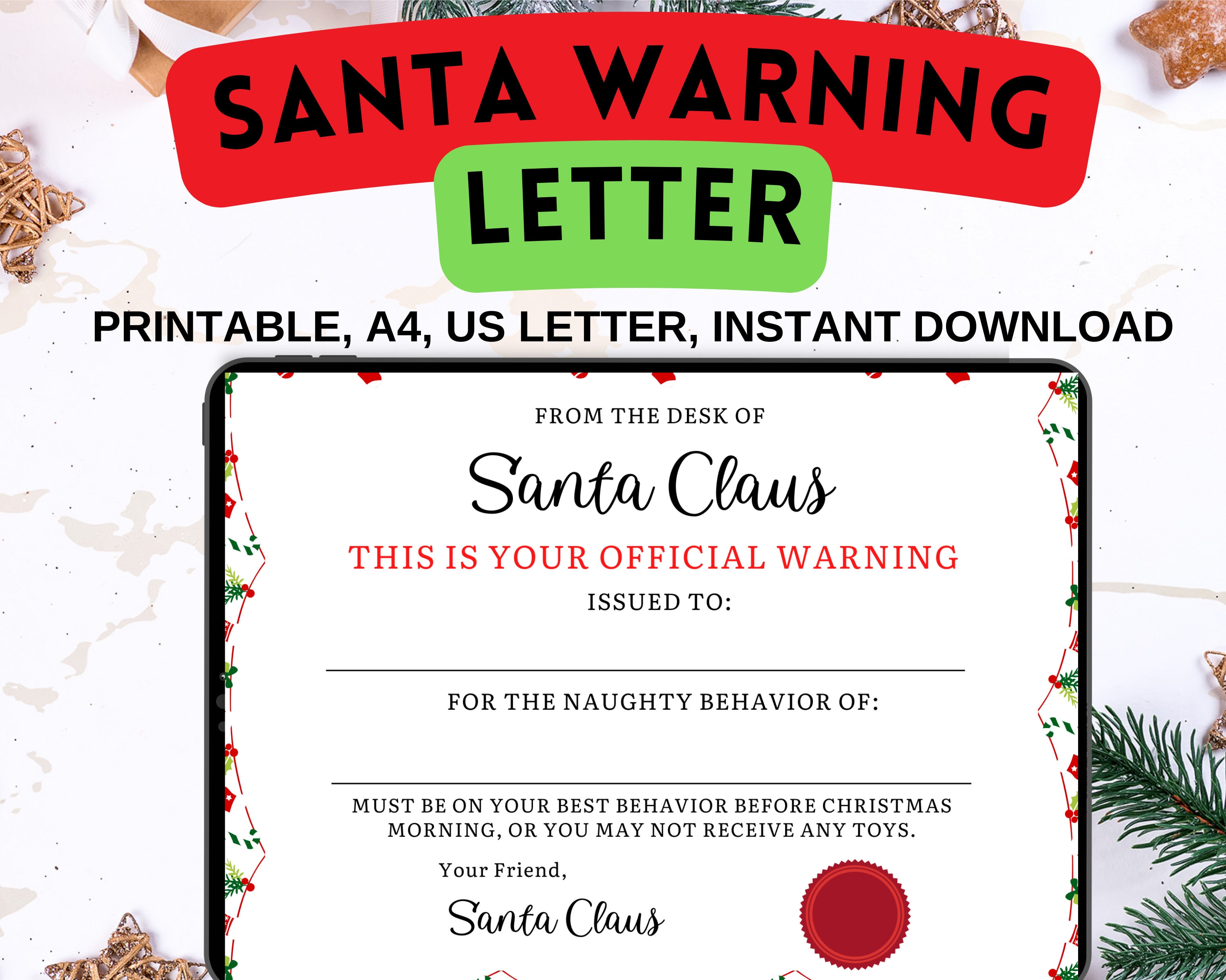 Santa Warning Letter for Kids, Naughty Warning Letter, Official Santa ...