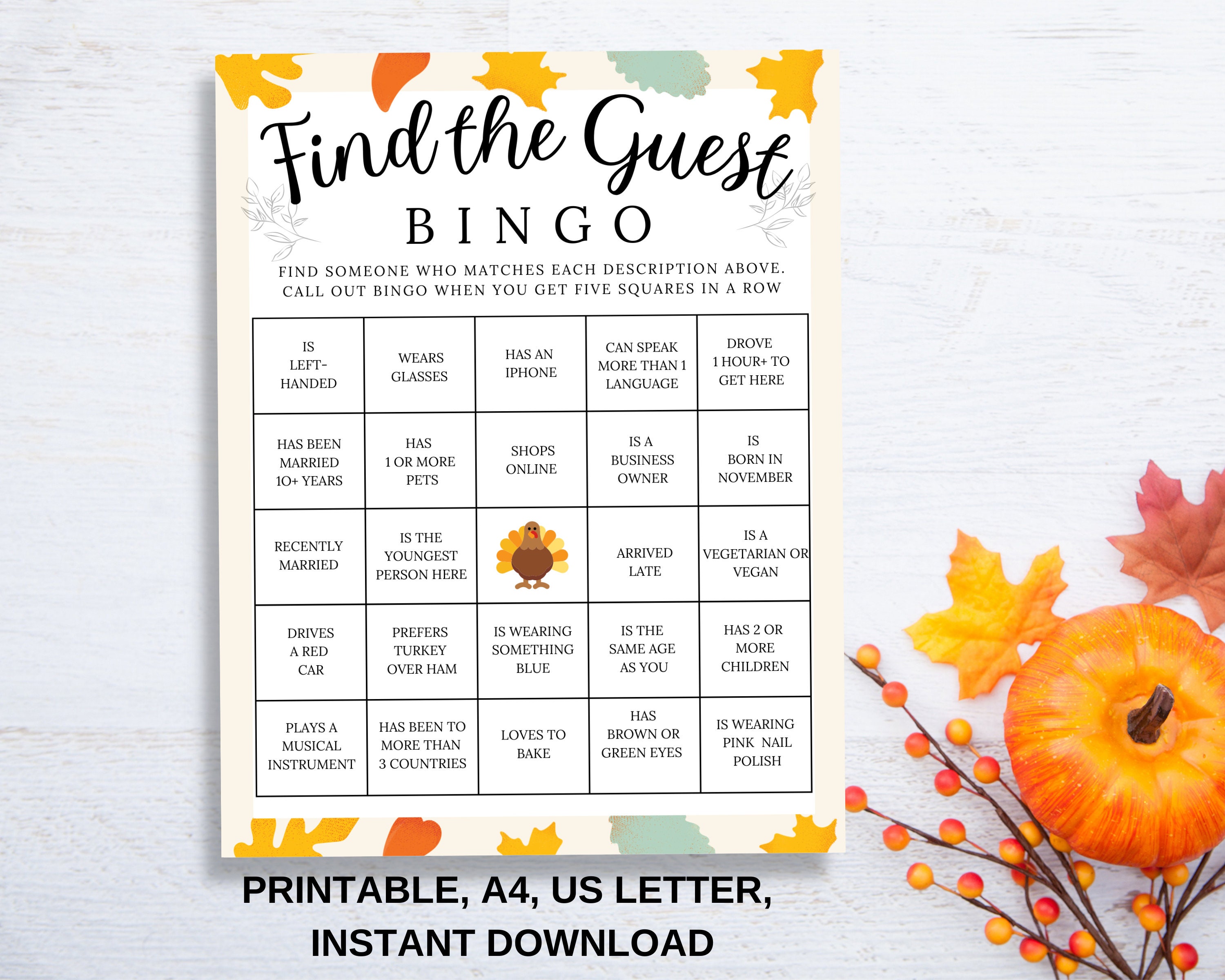 Printable Thanksgiving BINGO Game for Adults, Holiday Family Bingo Game ...