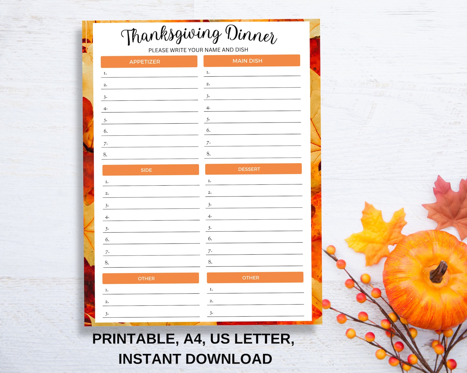 Printable Thanksgiving Potluck Sign up Sheet, Thanksgiving Dinner Sign ...